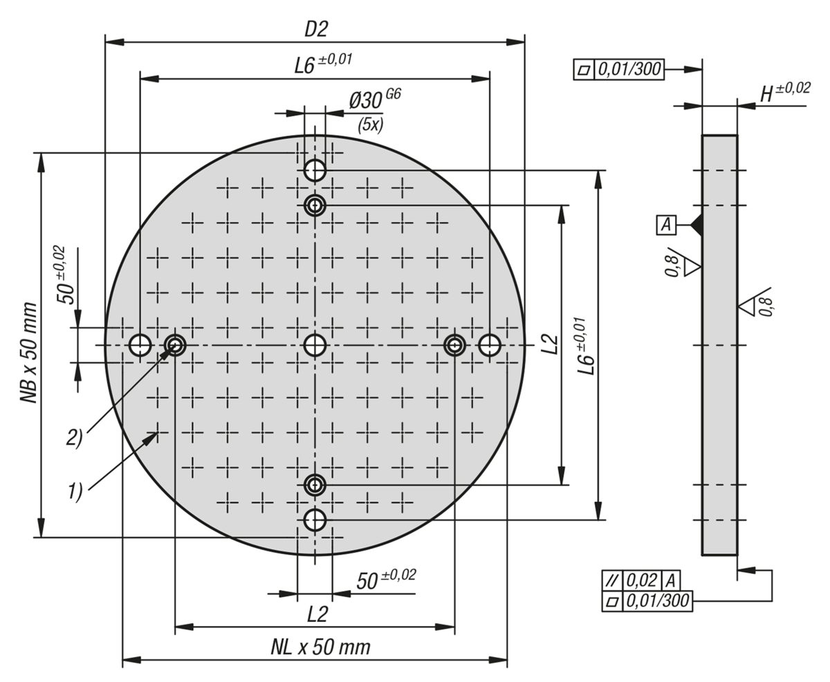 Plaques de base rondes en fonte grise avec trame modulaire | norelem.ch